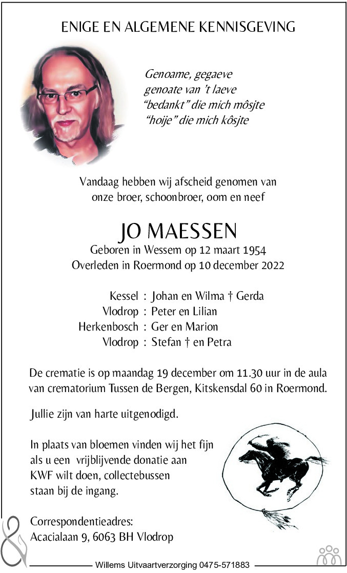 Jo Maessen 10-12-2022 overlijdensbericht en condoleances - Mensenlinq.nl
