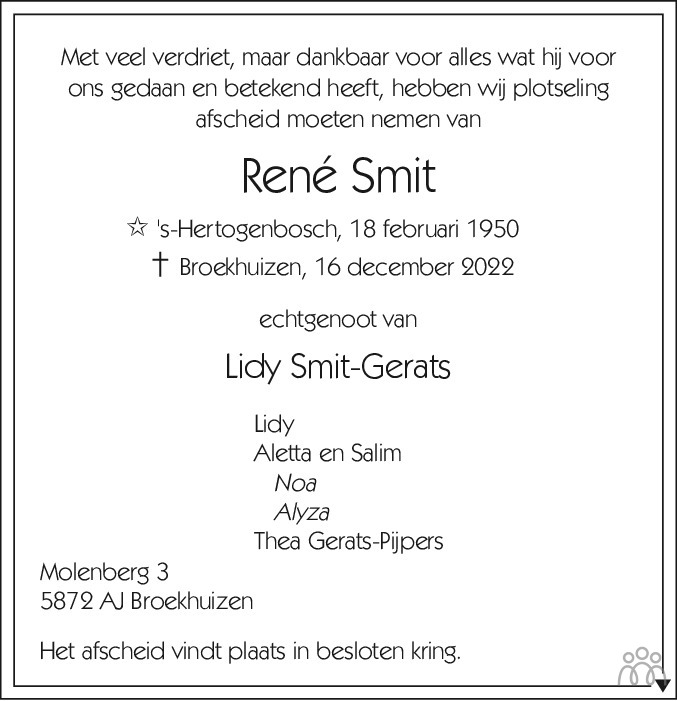 René Smit 16-12-2022 overlijdensbericht en condoleances - Mensenlinq.nl