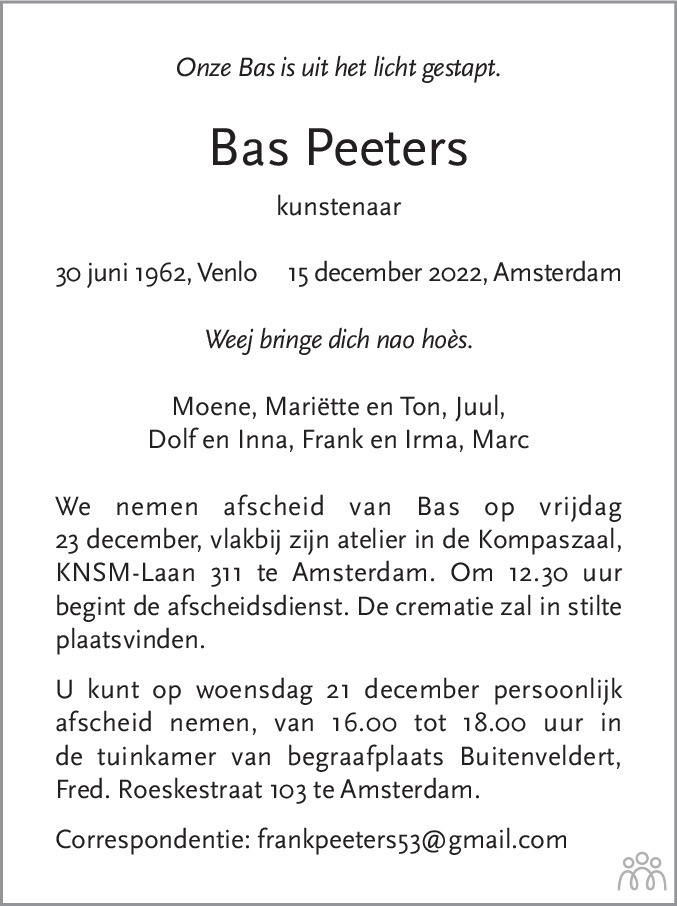 Bas Peeters 15-12-2022 overlijdensbericht en condoleances - Mensenlinq.nl