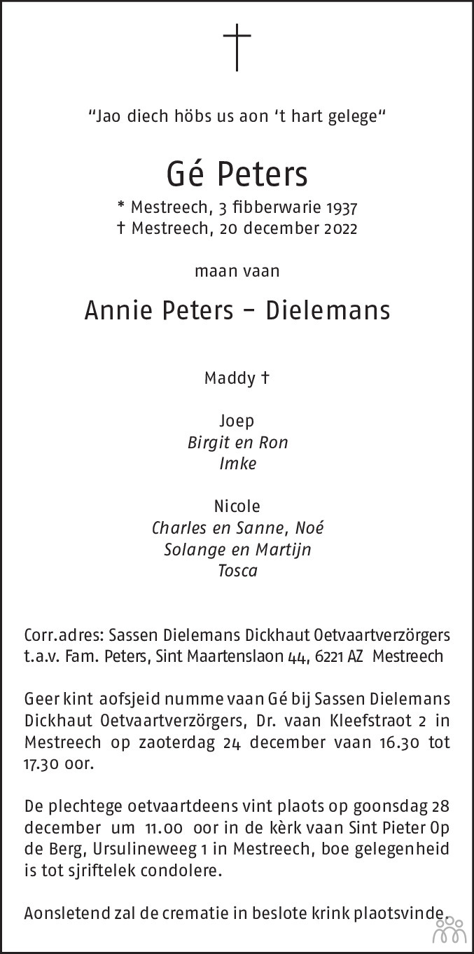 Gé Peters 20-12-2022 overlijdensbericht en condoleances - Mensenlinq.nl