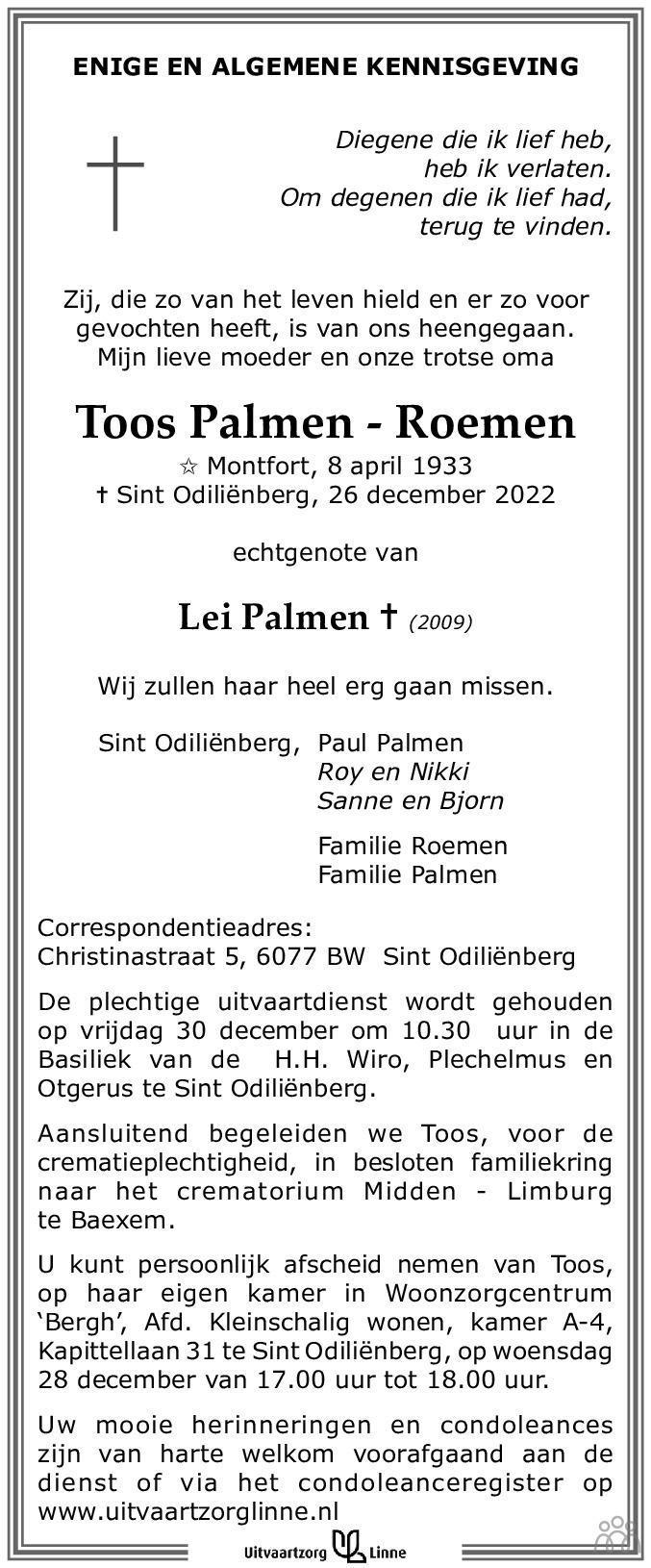 Toos Palmen-Roemen 26-12-2022 overlijdensbericht en condoleances ...