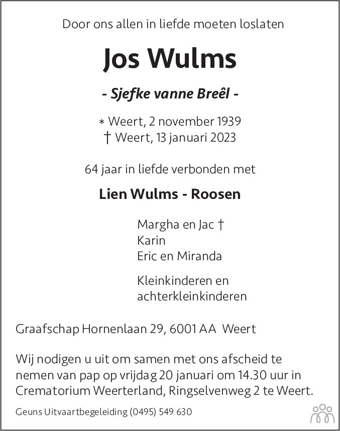 Jos Wulms 13-01-2023 overlijdensbericht en condoleances - Mensenlinq.nl