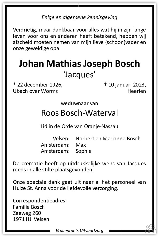 Johan Mathias Joseph (Jacques) Bosch 10-01-2023 overlijdensbericht en ...