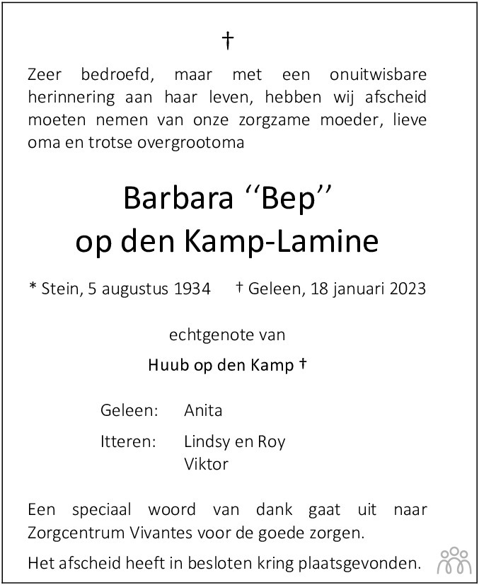 Barbara (Bep) op den Kamp Lamine 18-01-2023 overlijdensbericht en ...