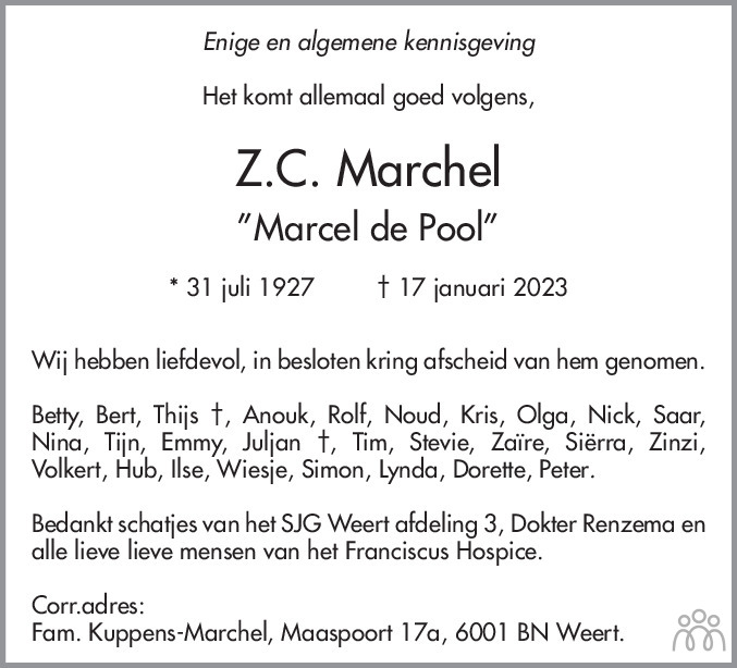 Z.C. Marcel Marchel 17-01-2023 overlijdensbericht en condoleances ...