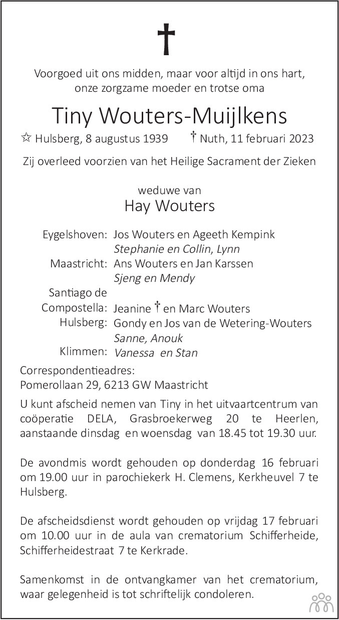 Tiny Wouters-Muijlkens 11-02-2023 overlijdensbericht en condoleances - Mensenlinq.nl
