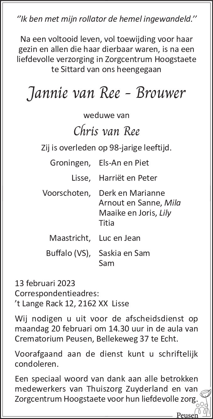 Jannie van Ree-Brouwer 13-02-2023 overlijdensbericht en condoleances ...