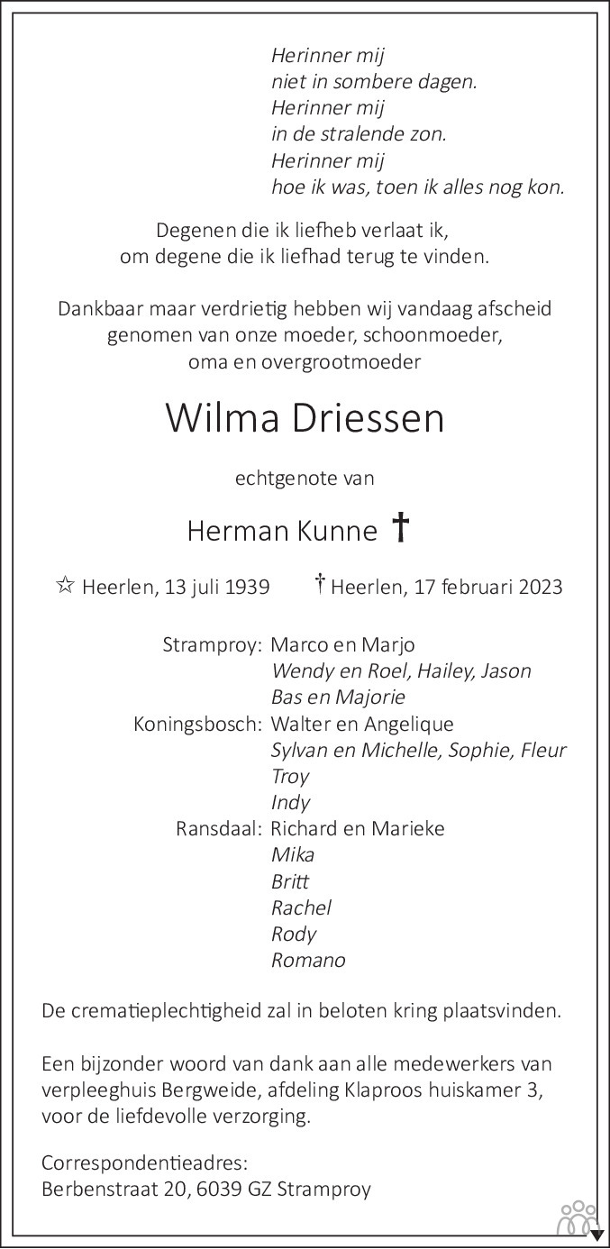 Wilma Kunne-Driessen 17-02-2023 overlijdensbericht en condoleances ...