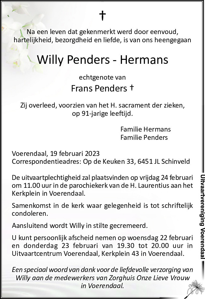 Willy Penders-Hermans 19-02-2023 overlijdensbericht en condoleances ...