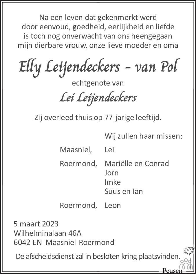 Elly Leijendeckers-van Pol 05-03-2023 overlijdensbericht en ...