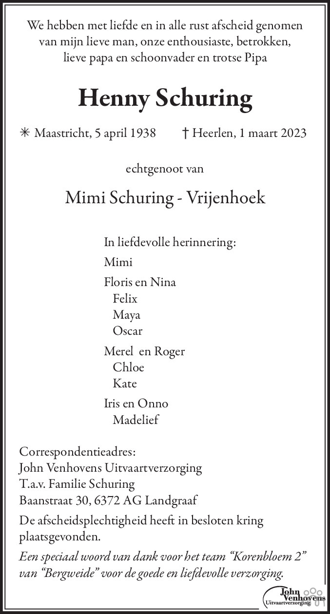 Henny Schuring 01-03-2023 overlijdensbericht en condoleances ...