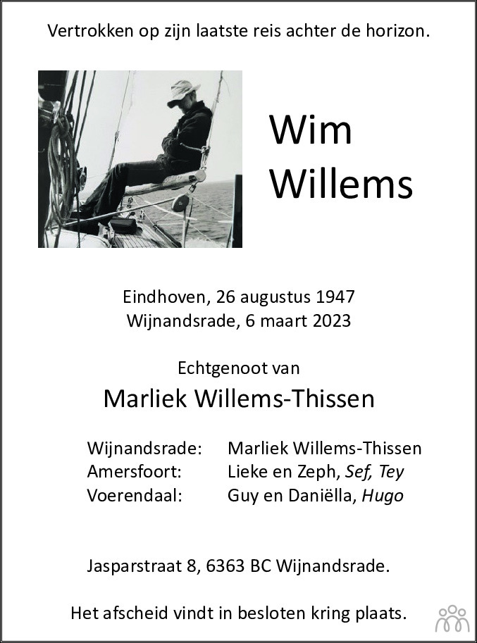 Wim Willems 06-03-2023 overlijdensbericht en condoleances - Mensenlinq.nl