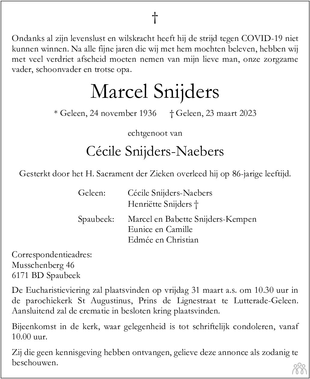 Marcel Snijders 23-03-2023 overlijdensbericht en condoleances ...