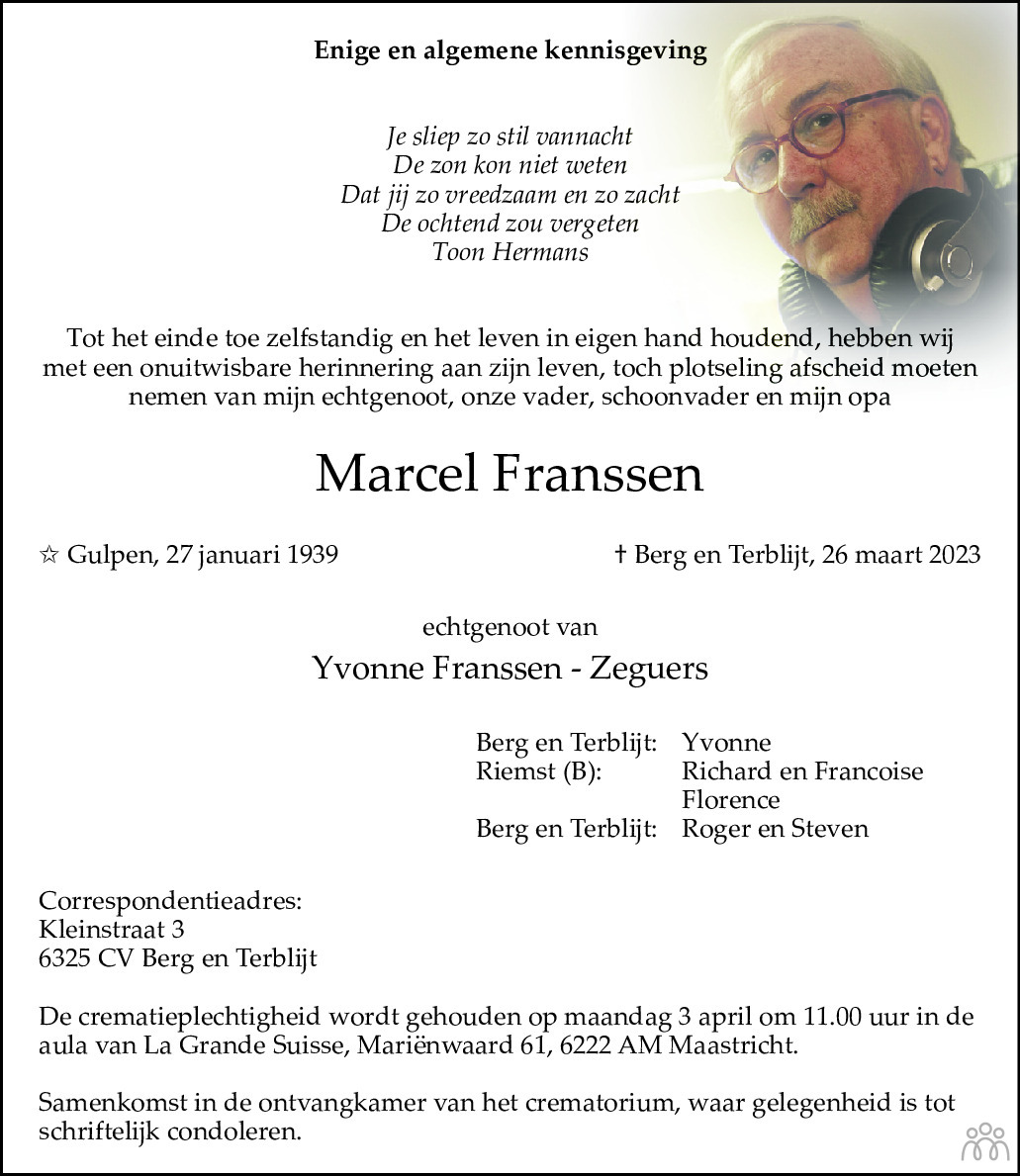 Marcel Franssen 26-03-2023 overlijdensbericht en condoleances ...