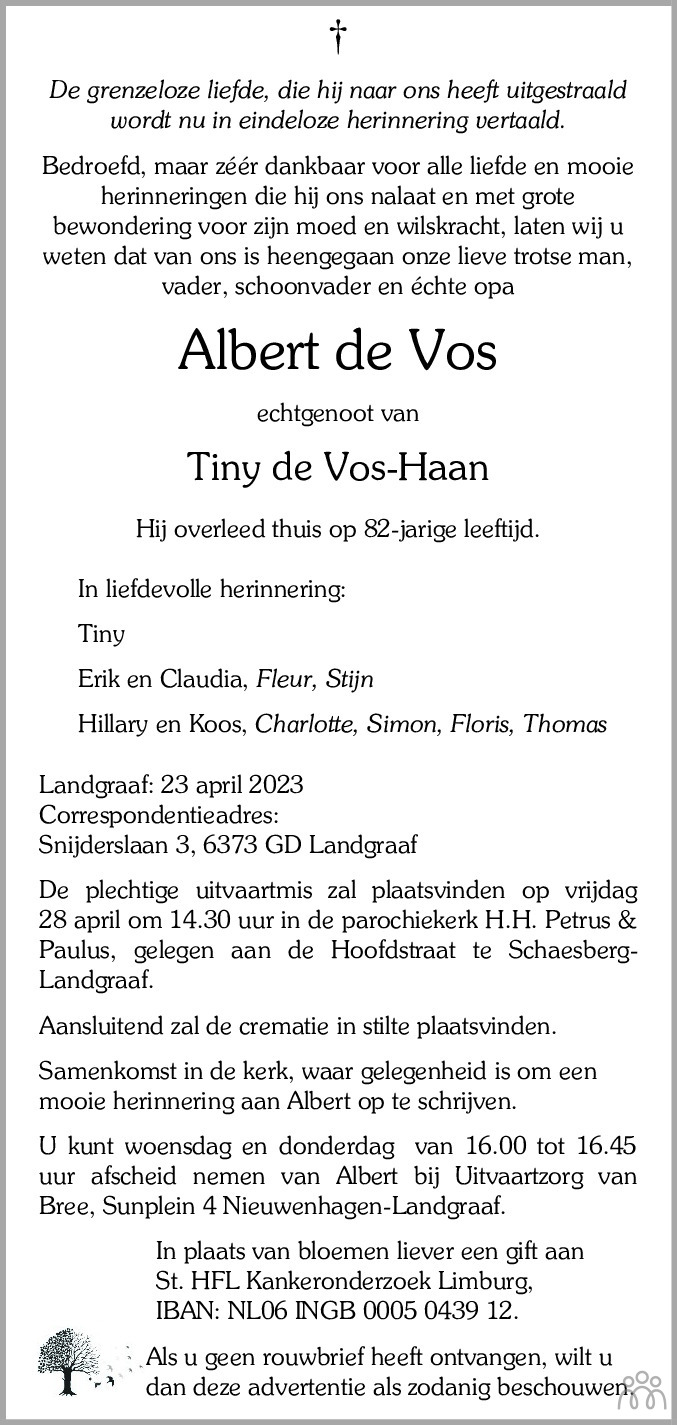 Albert de Vos 23-04-2023 overlijdensbericht en condoleances - Mensenlinq.nl