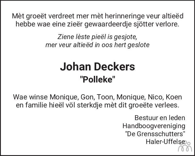 Johan Deckers 22-04-2023 overlijdensbericht en condoleances - Mensenlinq.nl Johan Deckers 22-04-2023 overlijdensbericht en condoleances - Mensenlinq.nl