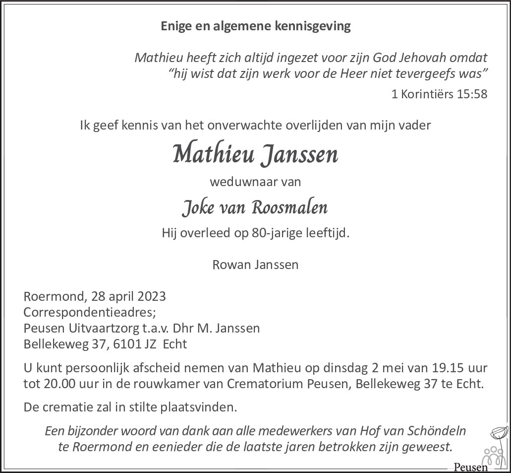 Mathieu Janssen 28-04-2023 overlijdensbericht en condoleances - Mensenlinq.nl