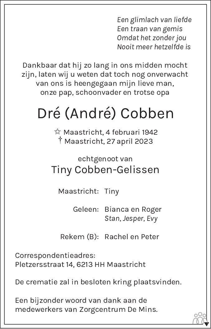 Dré (André) Cobben 27-04-2023 overlijdensbericht en condoleances ...