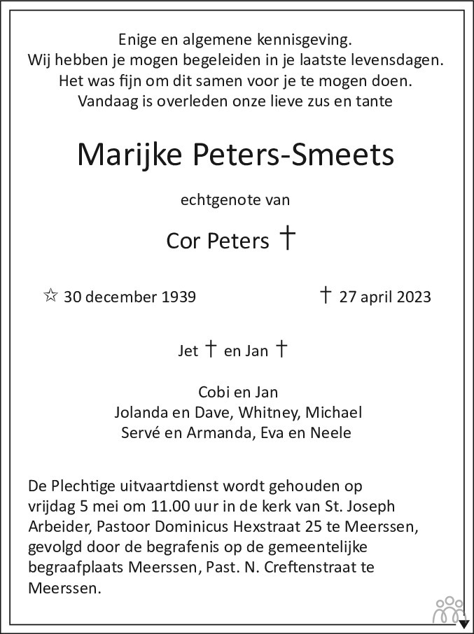 Marijke Peters-Smeets 27-04-2023 overlijdensbericht en condoleances ...