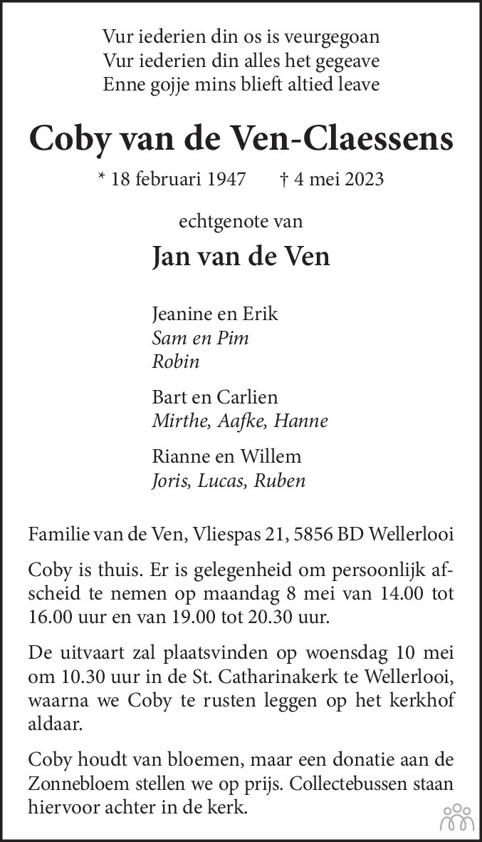 Coby van de Ven-Claessens 04-05-2023 overlijdensbericht en condoleances ...