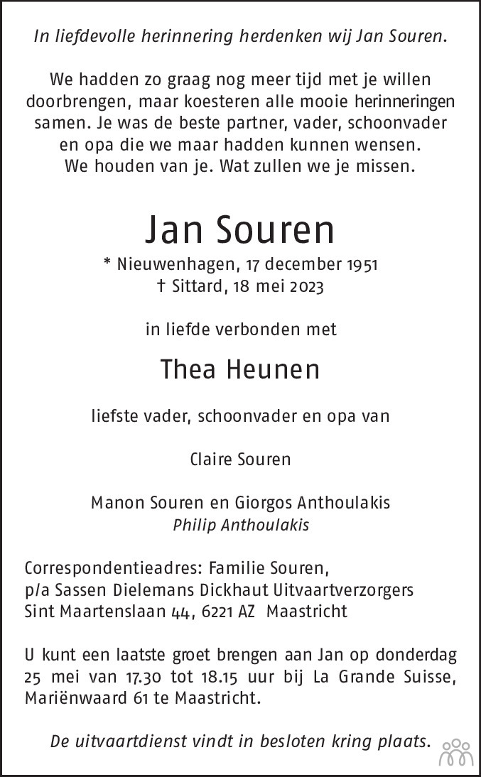 Jan Souren 18-05-2023 overlijdensbericht en condoleances - Mensenlinq.nl