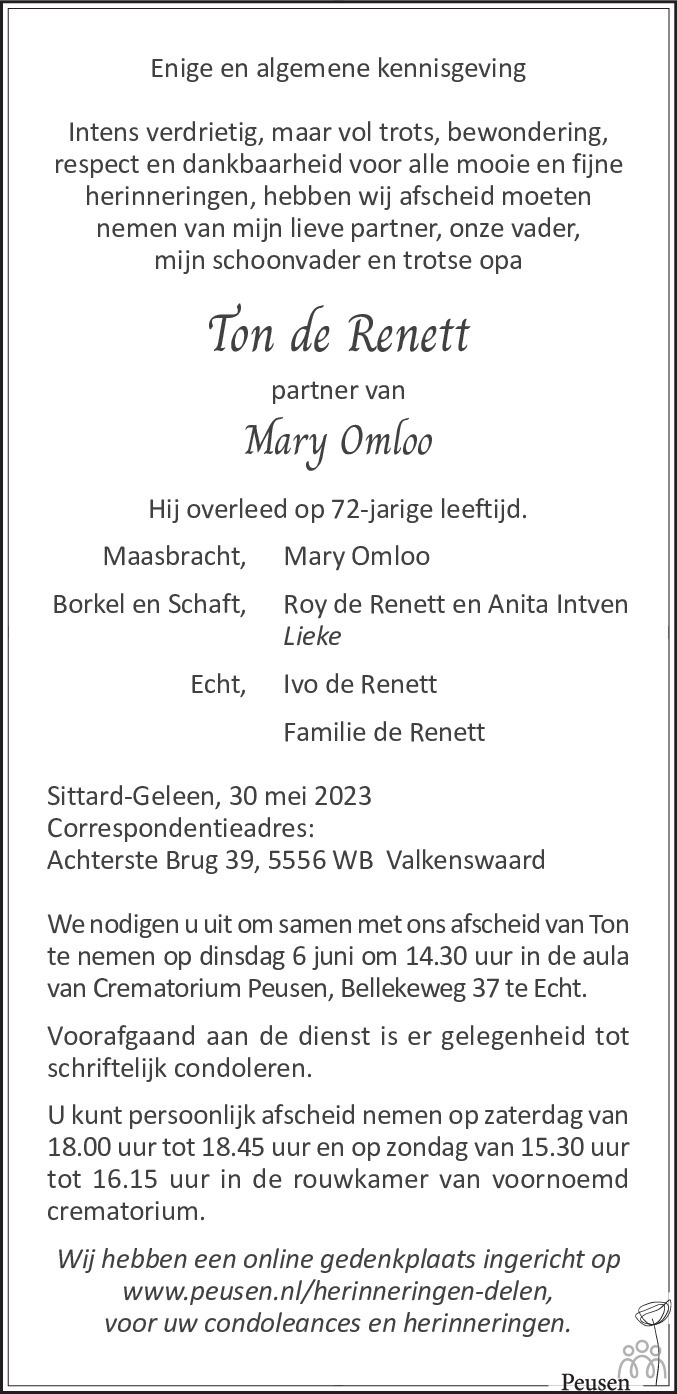 Ton de Renett 30-05-2023 overlijdensbericht en condoleances - Mensenlinq.nl