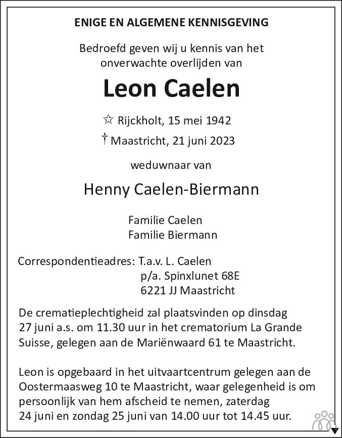 Leon Caelen 21-06-2023 overlijdensbericht en condoleances - Mensenlinq.nl