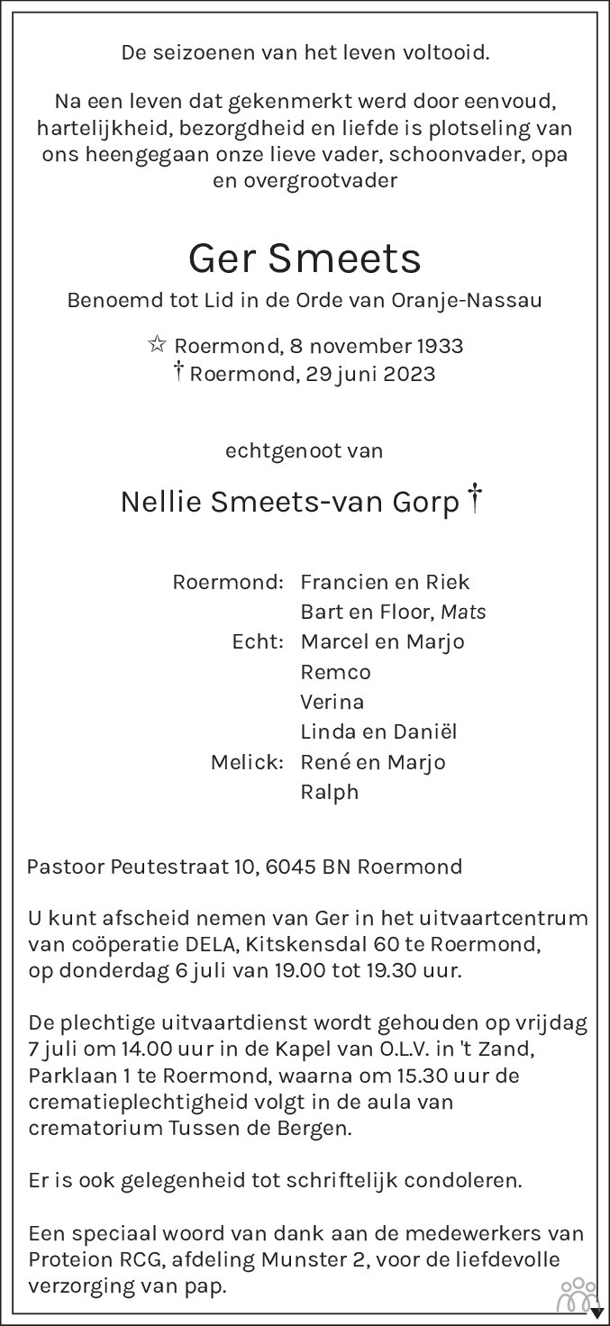 Ger Smeets 29-06-2023 overlijdensbericht en condoleances - Mensenlinq.nl