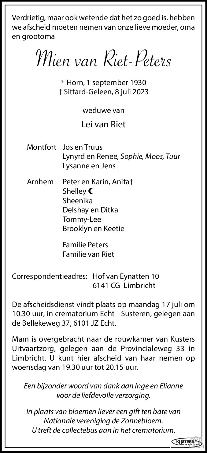 Mien van Riet-Peters 08-07-2023 overlijdensbericht en condoleances ...