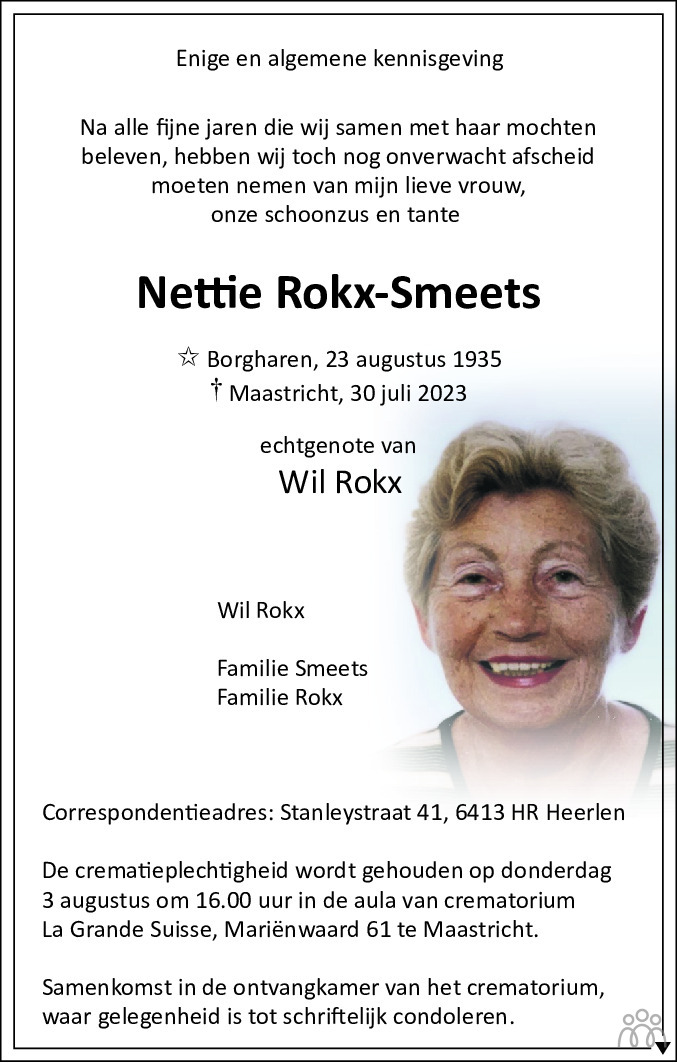 Nettie Rokx-Smeets 30-07-2023 overlijdensbericht en condoleances ...