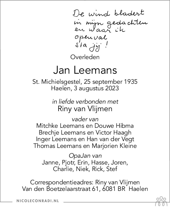 Jan Leemans 03-08-2023 overlijdensbericht en condoleances - Mensenlinq.nl Jan Leemans 03-08-2023 overlijdensbericht en condoleances - Mensenlinq.nl