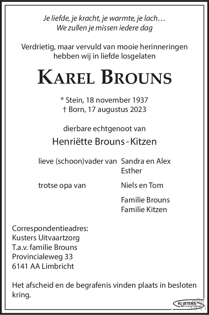 Karel Brouns 17-08-2023 overlijdensbericht en condoleances - Mensenlinq.nl