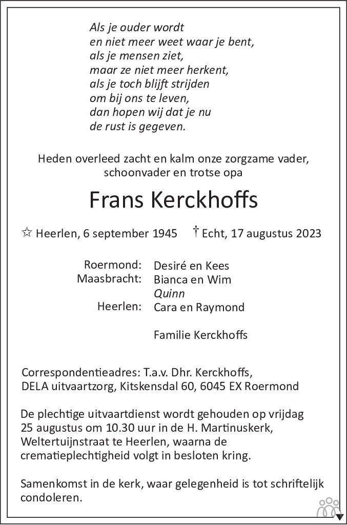 Frans Kerckhoffs 17-08-2023 overlijdensbericht en condoleances ...