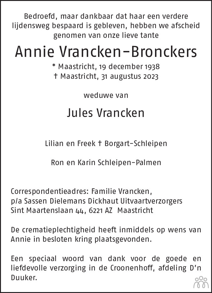 Annie Vrancken-Bronckers 31-08-2023 overlijdensbericht en condoleances ...