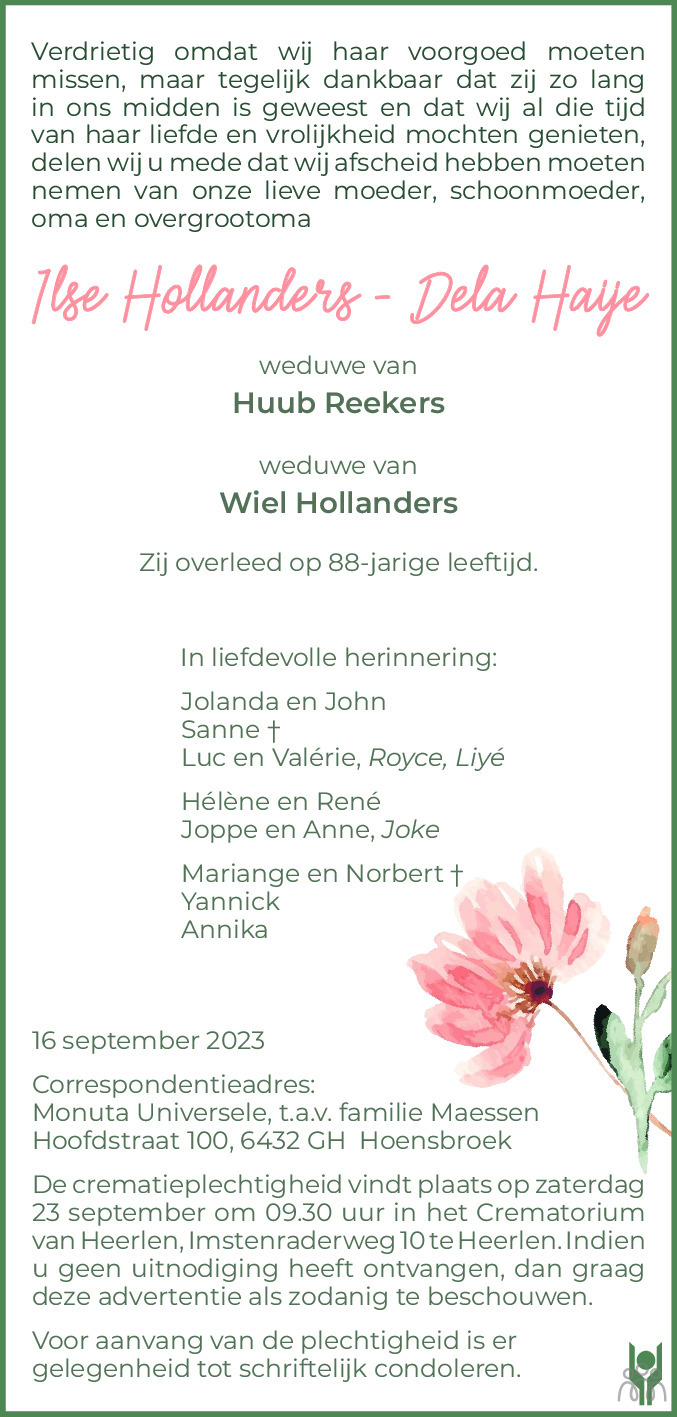 Ilse Hollanders- Dela Haije 16-09-2023 overlijdensbericht en ...
