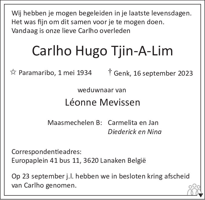 Carlho Hugo Tjin-A-Lim 16-09-2023 overlijdensbericht en condoleances ...