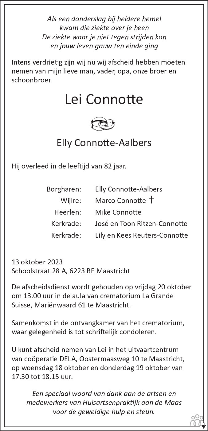 Lei Connotte 13-10-2023 overlijdensbericht en condoleances - Mensenlinq.nl