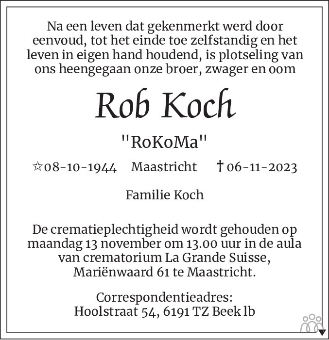 Rob Koch 06-11-2023 overlijdensbericht en condoleances - Mensenlinq.nl