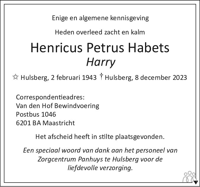 Henricus Petrus (Harry) Habets 08-12-2023 overlijdensbericht en ...