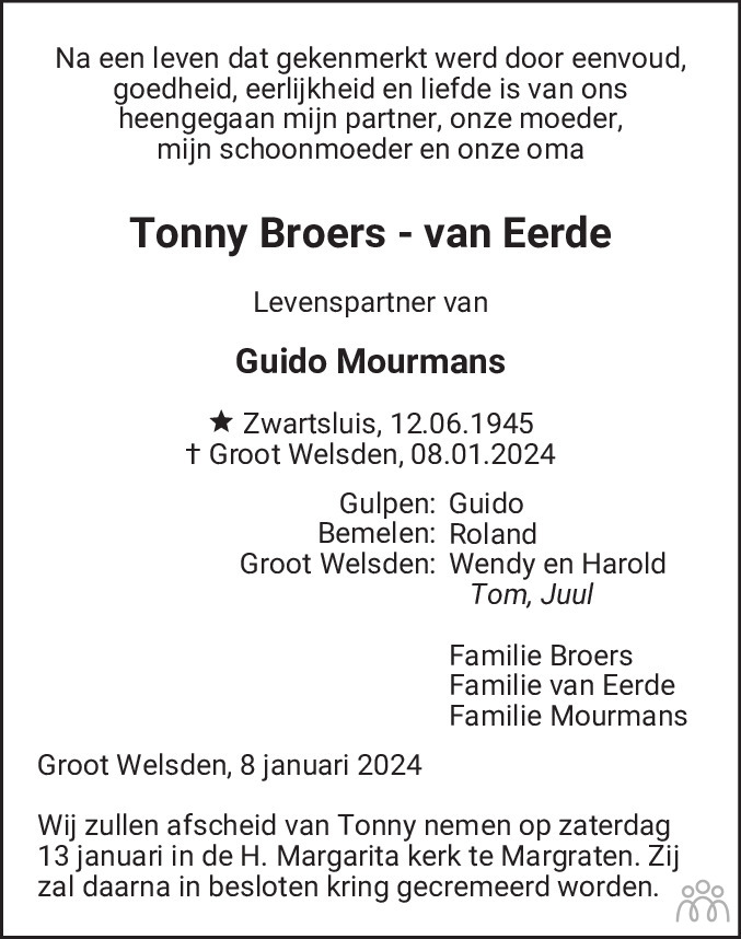Tonny Broers-van Eerde 08-01-2024 overlijdensbericht en condoleances ...
