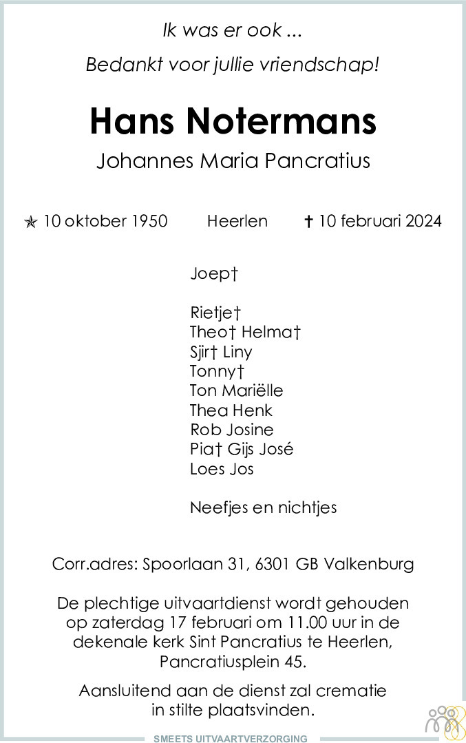 Hans (Johannes Maria Pancratius) Notermans 10-02-2024 ...