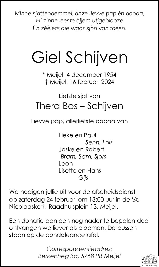 Giel Schijven 16-02-2024 overlijdensbericht en condoleances - Mensenlinq.nl