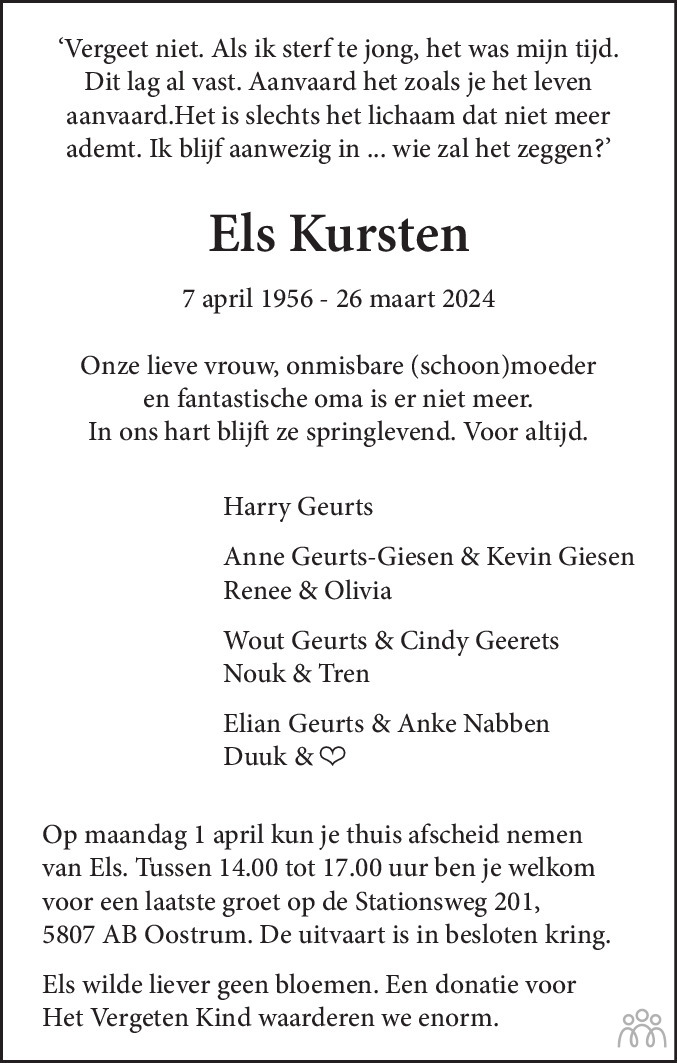 Els Geurts-Kursten 26-03-2024 overlijdensbericht en condoleances ...