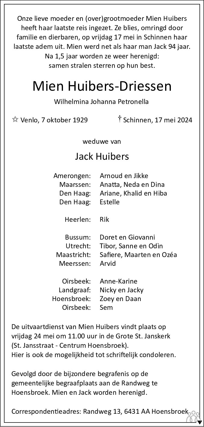 Mien Huibers-Driessen 17-05-2024 overlijdensbericht en condoleances ...