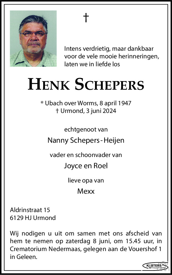 Henk Schepers 03-06-2024 overlijdensbericht en condoleances - Mensenlinq.nl
