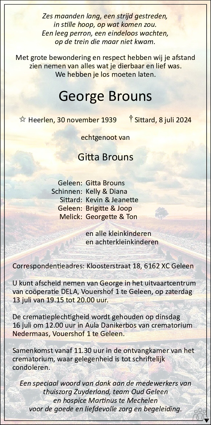 George Brouns 08-07-2024 overlijdensbericht en condoleances - Mensenlinq.nl