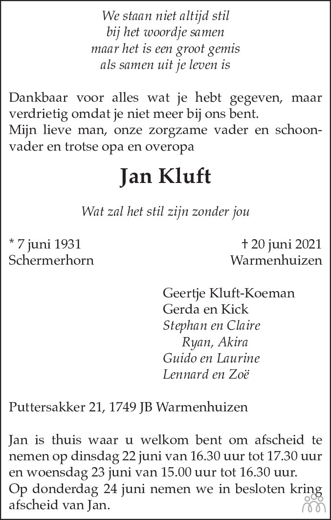 Jan Kluft 20-06-2021 overlijdensbericht en condoleances - Mensenlinq.nl