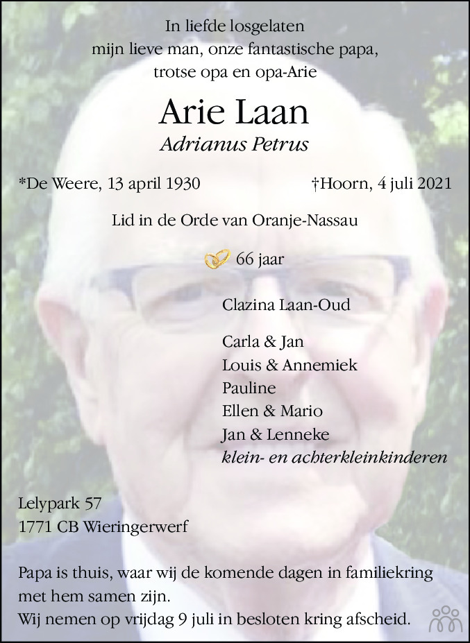 Arie (Adrianus Petrus) Laan 04-07-2021 overlijdensbericht en ...
