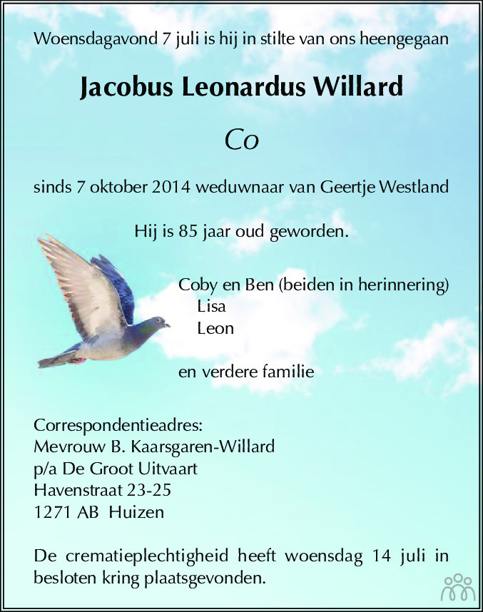 Jacobus Leonardus (Co) Willard 07-07-2021 overlijdensbericht en ...