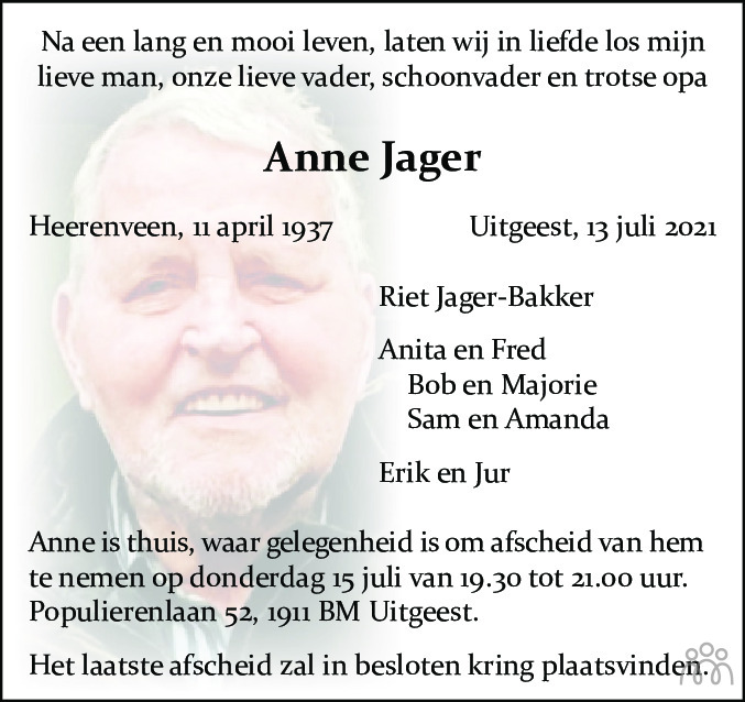 Anne Jager 13-07-2021 overlijdensbericht en condoleances - Mensenlinq.nl